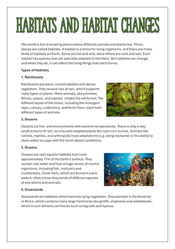 Habitat Changes - Lower KS2 Reading Comprehension (with additional ...