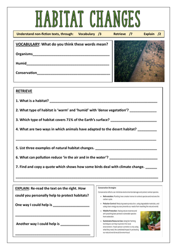 Habitat Changes - Lower KS2 Reading Comprehension (with additional ...