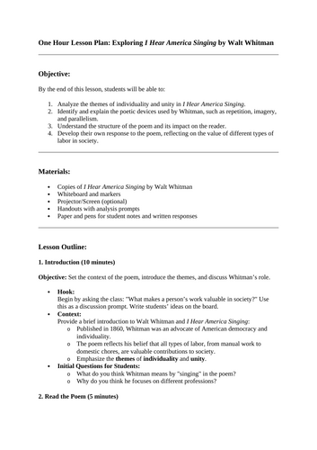 I hear America sing - Walt Whitman | Teaching Resources