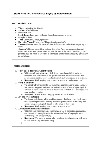 I hear America sing - Walt Whitman | Teaching Resources