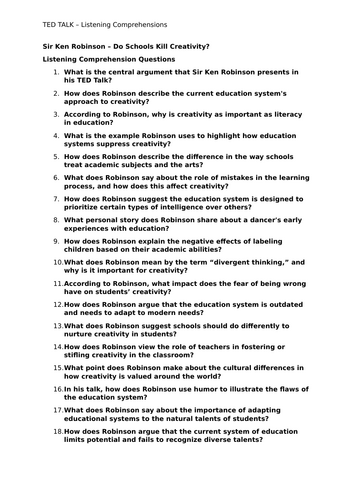 TED Talk Listening Comprehensions | Teaching Resources