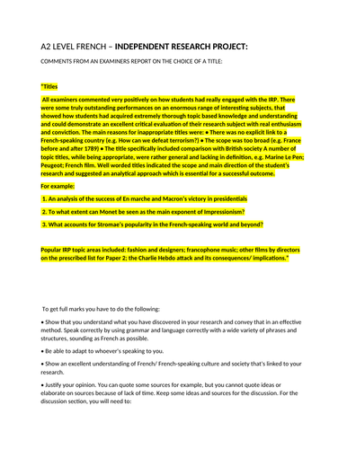 A LEVEL FRENCH : preparing Individual Research Project: guidance notes ...