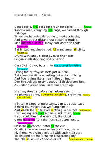 GCSE ENGLISH LITERATURE: "Dulce et Decorum est" revision ntoes ...