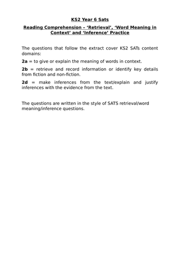 KS2 SATS Reading Comprehension Retrieval/Word Meaning/Inference 2a/2b ...