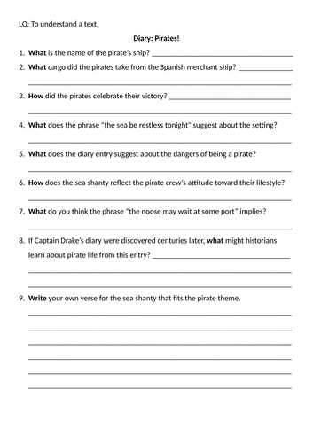 Pirate Diary - including a sea shanty - comprehension | Teaching Resources