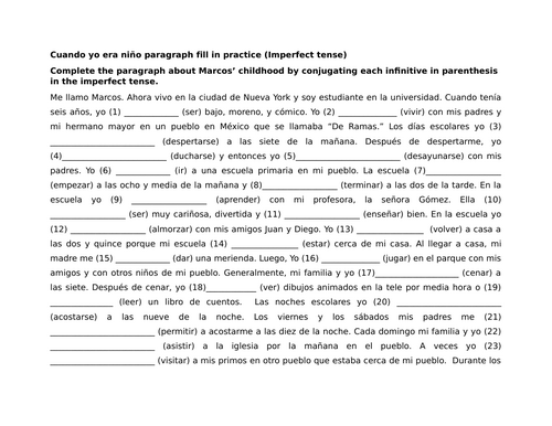 Cuando yo era niño paragraph fill in practice (Imperfect tense ...