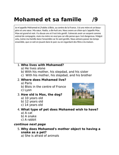 French - Family and Pets - Mohamed et sa famille - Reading practice ...