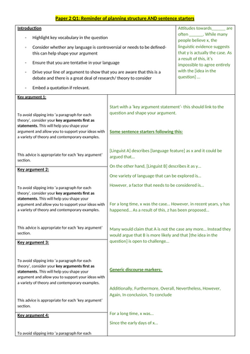 English Language: planning sheets for Question 1/2 and 4 (Paper 2) and ...