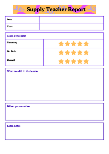 Supply Teacher Report Sheet | Teaching Resources