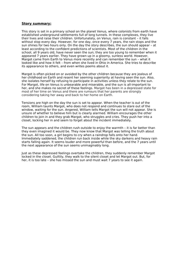 'All Summer In A Day' Short Story & Activity Sheets | Teaching Resources