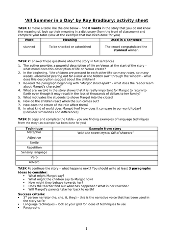 'All Summer In A Day' Short Story & Activity Sheets | Teaching Resources