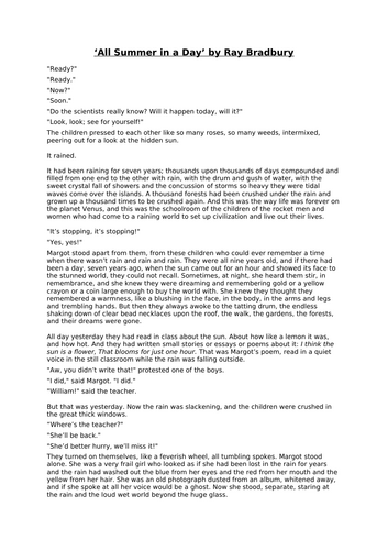 'All Summer In A Day' Short Story & Activity Sheets | Teaching Resources