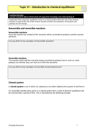 Introduction to chemical equilibrium OCR AS Chemistry | Teaching Resources