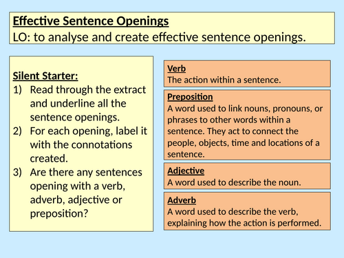 Openings Sentence Literacy Y8 | Teaching Resources