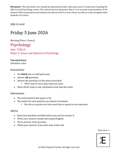 Summer 2026 AQA A Level Psychology Predicted Exam - Paper 3 (Issues and ...