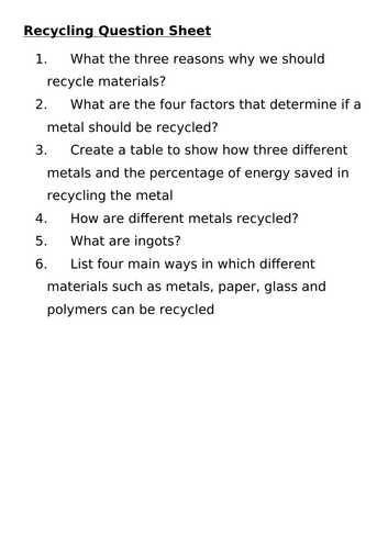 GCSE Chemistry Recycling Question Sheet | Teaching Resources