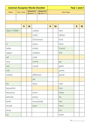 Y1 Y2 Common Exception Word Assessment Checklist | Teaching Resources