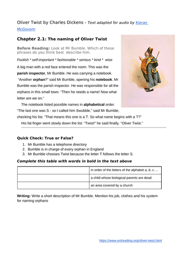 Oliver Twist: Ch.1-4 for new readers (worksheets) | Teaching Resources