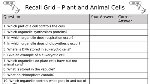 GCSE Cells Recall and Retrieval Grids | Teaching Resources