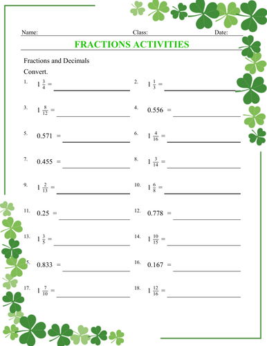 St. Patrick's Day Fractions Activiries Convert Fraction to decimals and ...