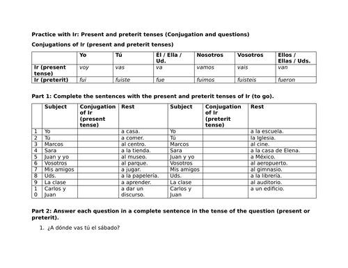 Practice with Ir: Present and preterit tenses (Conjugation and ...