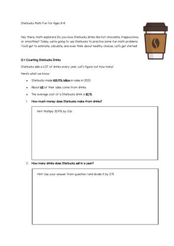 Fun Starbucks Math Activity for Kids (Ages 9-13) | Worksheet with ...
