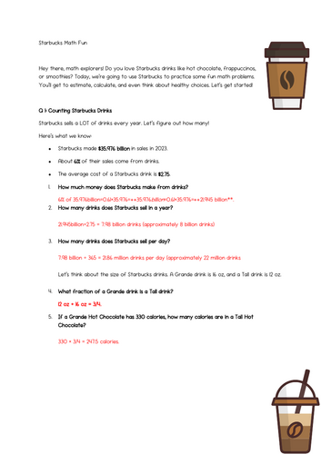 Fun Starbucks Math Activity for Kids (Ages 9-13) | Worksheet with ...