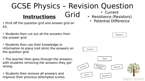 Current, Potential Difference and Resistance Revision Question Grids ...