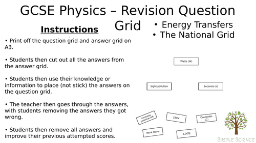 Energy Transfers and National Grid Revision Question Grids - GCSE ...