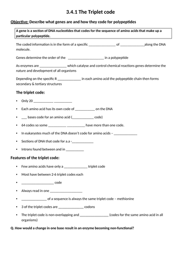AQA A level Biology Topic 4. Genes and the Triplet code (3.4.1 ...