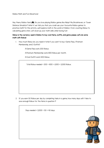 Fun Roblox Math Activity for Kids (Ages 9-13) | Worksheet for Primary ...