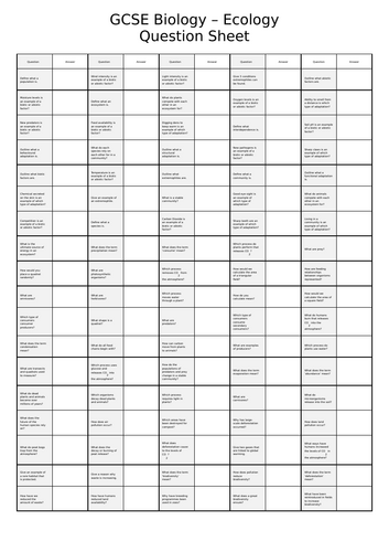 Ecology Revision Question Sheet with Answers - GCSE Biology | Teaching ...
