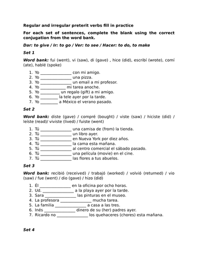 Regular and irregular preterit verbs fill in practice | Teaching Resources
