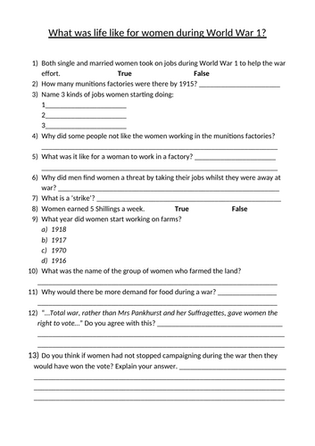 Chapter 1: Lesson 16 - The role of women during WW1 | Teaching Resources