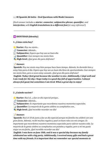 SPANISh AB INITIO SPEAKING MODEL ANSWERS | Teaching Resources