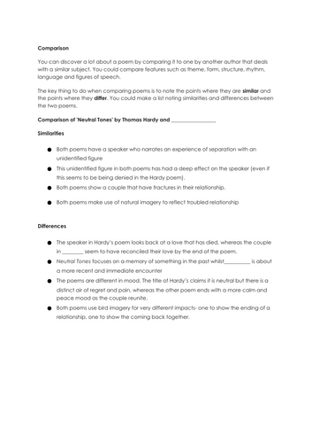 Comparing Poems - Love and Relationships Cluster. Created by AQA ...