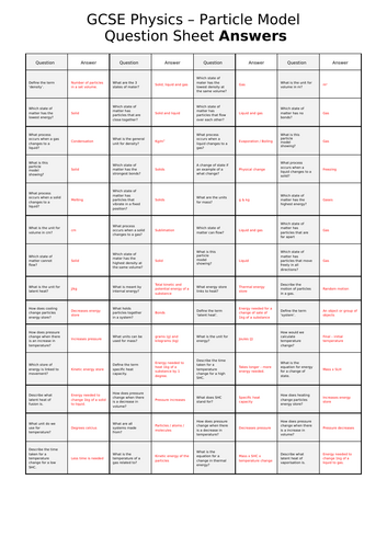 Particle Model Revision Question Sheet with Answers - GCSE Physics ...