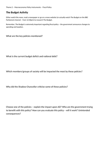 A Level Economics - Fiscal Policy | Teaching Resources