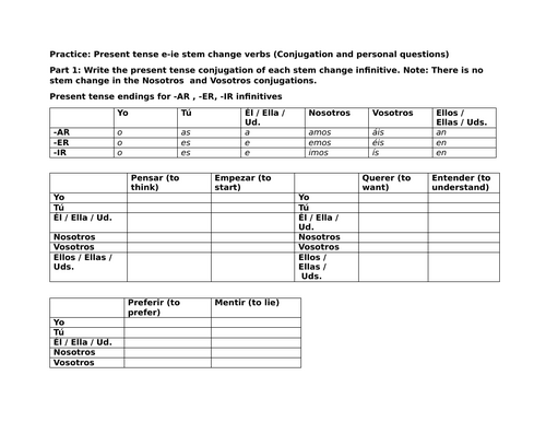 Practice: Present tense e-ie stem change verbs (Conjugation / questions ...