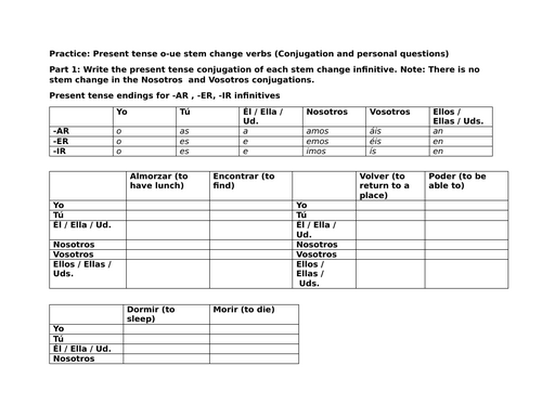 Practice: Present tense o-ue stem change verbs (Conjugation / Questions ...