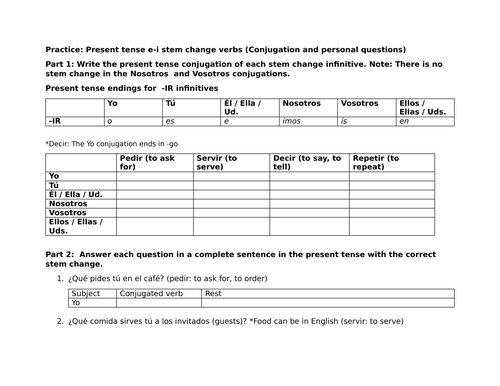 Practice: Present tense e-i stem change verbs (Conjugation / Questions ...