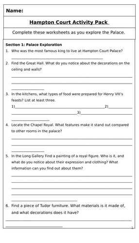 Hampton Court Palace Trip Worksheet – KS3 Tudor History Activity Pack ...