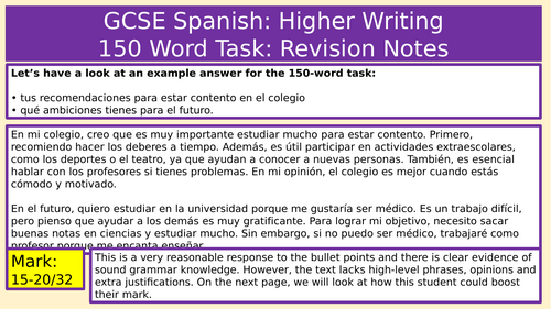 GCSE Spanish Writing: Higher Revision | Teaching Resources