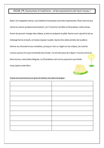IGCSE FRENCH - Coutumes et Traditions - Chandeleur - Reading Tasks ...