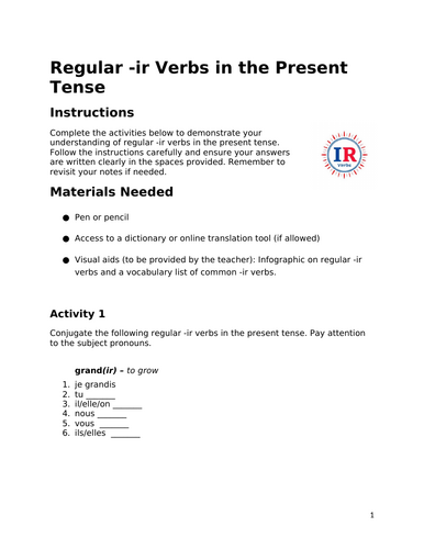 French_Regular IR-verbs _Present Tense_ Practice | Teaching Resources