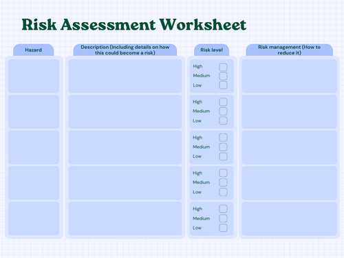 Risk Assessment Worksheet for health and safety (OCR CTEC Health and ...
