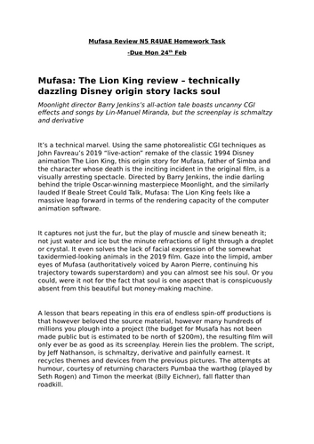 N5 RUAE R4UAE Close Reading Mini Task-Mufasa | Teaching Resources