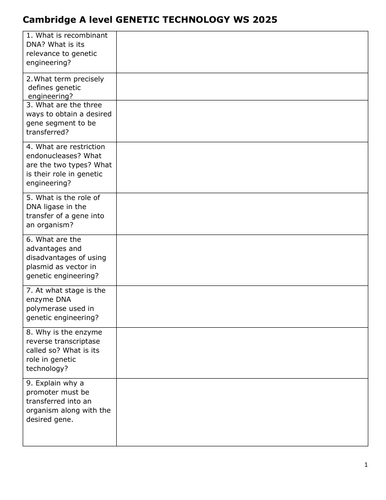 Genetic technology Cambridge A lev Biology worksheet | Teaching Resources