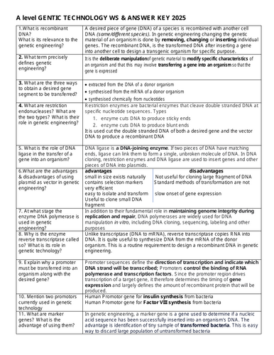 Genetic technology Cambridge A lev Biology worksheet with answer key ...