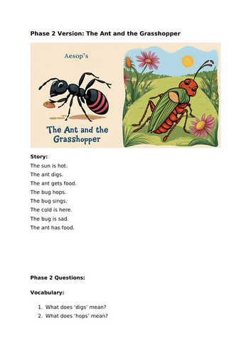 Early Reader Comprehension - The Ant and the Grasshopper (Phase 2,3,4/5 ...